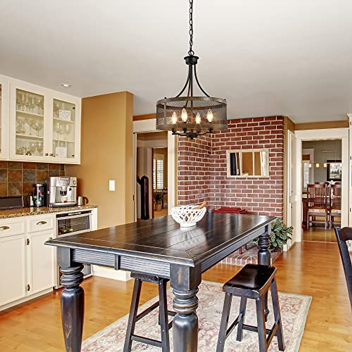 LALUZ Farmhouse Chandelier, Dining Room Light Fixture, Drum Chandeliers, 16” Width, Oil Black & Wood Painted Finish