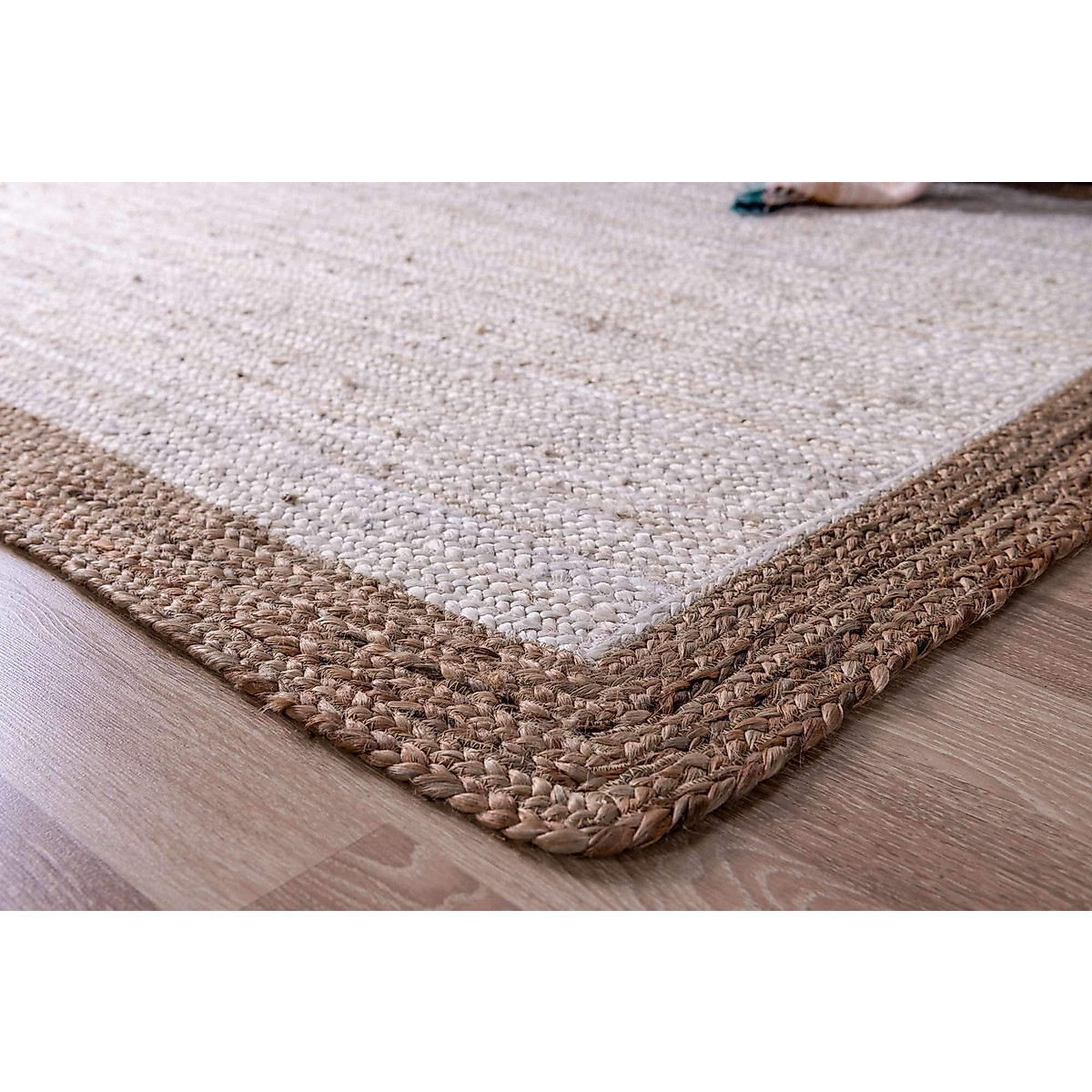 Unique Loom Braided Jute Collection Classic Quality Made Natural Hand Woven with Solid Color Detail, Area Rug, Rectangular 5' 0" x 8' 0", White/Beige