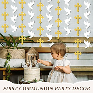Wonderjune 12 Pcs First Holy Communion Baptism Decoration Gold and White Dove Cross Garland Banner for Wedding Bridal Baby Shower Engagement Religious Christian