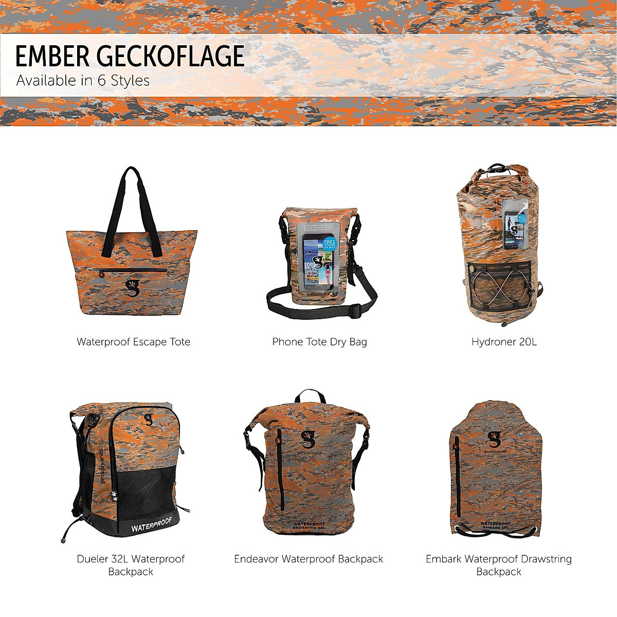 geckobrands Endeavor Waterproof Backpack, Ember geckoflage