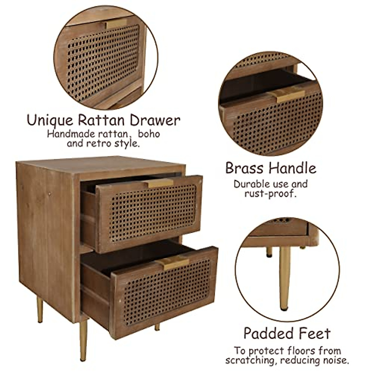 COZAYH Rustic Farmhouse Woven Fronts Nightstand, Spacious Storage End Table with 2 Drawers, Industrial Farmhouse Accent Furniture for Bedroom