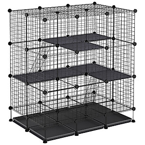PawHut Small Animal Playpen C&C Cage Wire Bunny Pen for Kitten, Chinchillas, with Doors, Ramps and Trays, Black