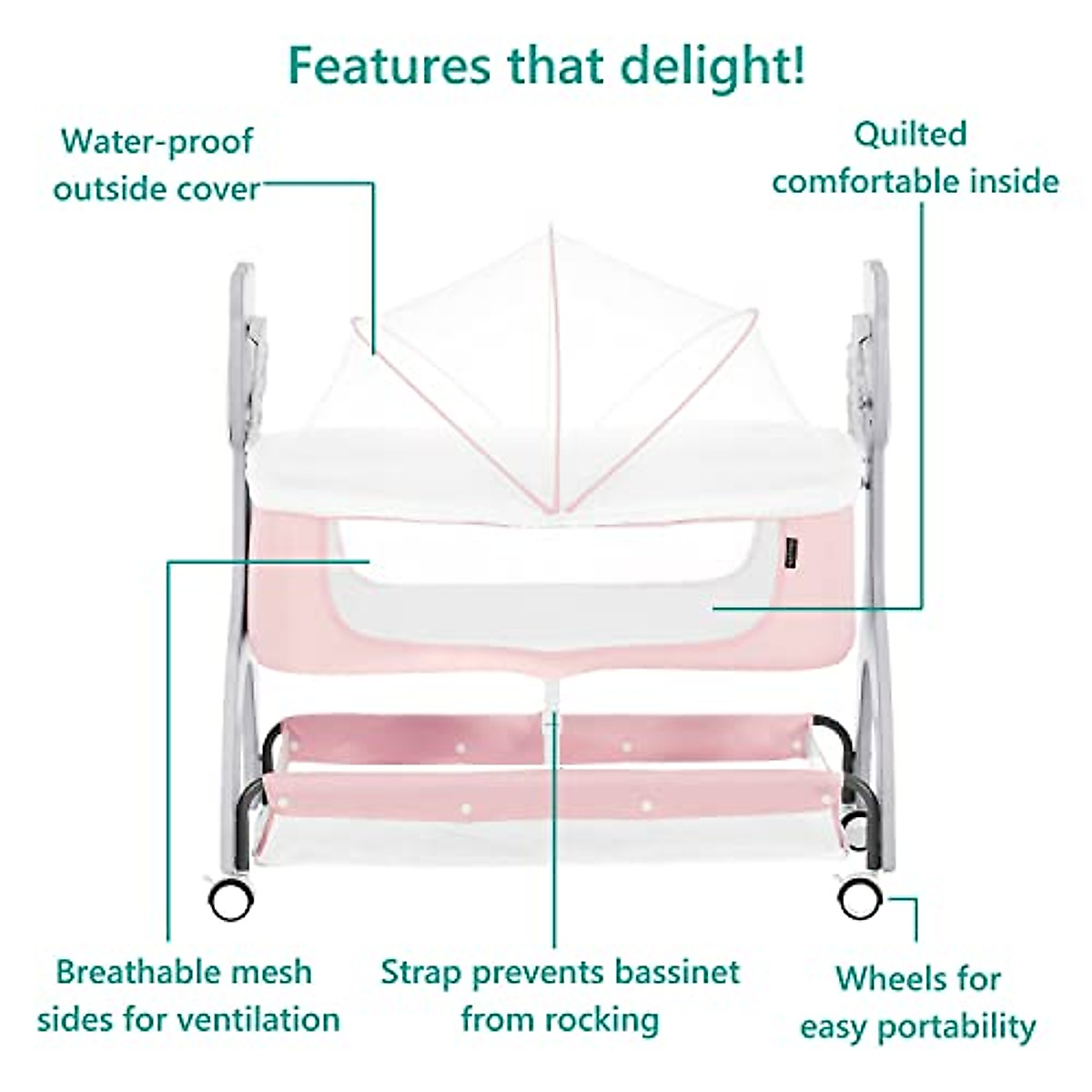 Dream on Me Cub Portable Bassinet in Pink, Multi-Use Baby Bassinet with Locking Wheels, Large Storage Basket, Mattress Pad Included, JPMA Certified
