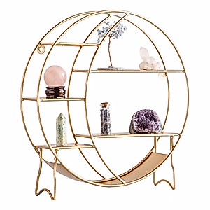 Apresolar Moon Shelf for Crystals - Circle Shelf Wall Decor for Wall and Countertop - Crystal Shelf Display for Stones, Essential Oil, Pendulum - Boho Hanging Moon Shelves, Wiccan Decor (Matte Gold)