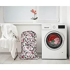 Swono Watercolor Sketch Poppy Large Laundry Bag Washable Large Dirty Clothes, Leaf Repeating Pattern Drawstring Organizer Bag, Fit Hamper Basket Camp Travel Home Dorm, Pink Black