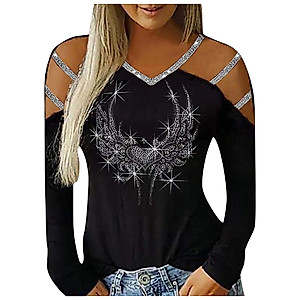 Padaleks Womens Casual Tops Long Sleeve Cutout Cold Shoulder Crewneck Rhinestone Blouse Pullover Shirt Sweatshirts