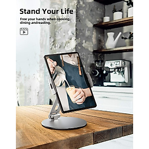 Stouchi Tablet Stand, 360°Tablet Swivel Base Holder Galaxy Tab S8, Adjustable Desk Mount for iPad Mini 2021,Galaxy S22, POS Kiosk, Surface Pro 4, iPad Pro/Air fits 4-14” Tablet & Phone Silver