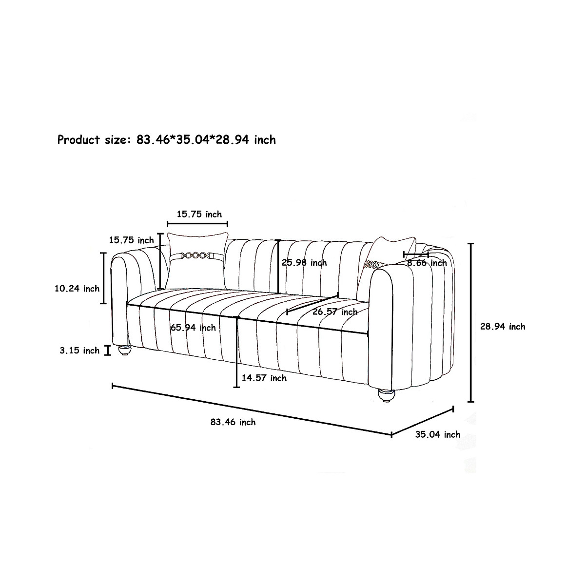 ANTTYBALE 83'' Velvet Sofa for Living Room Modern Comfy Couch 3-Seater Apartment Sofa with 2 Pillows & Golden Metal Legs (Green)