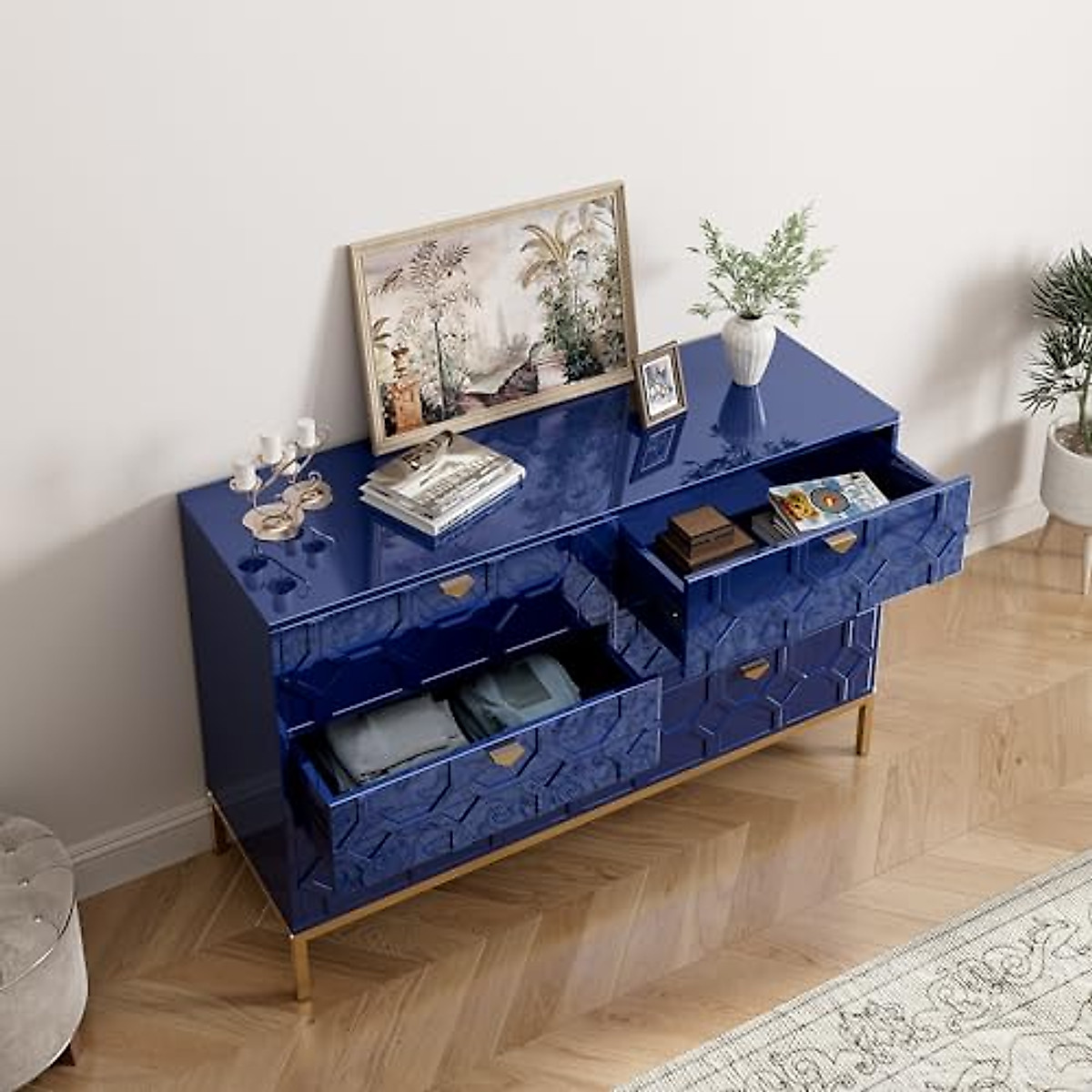 Clihome 6 Drawer Double Dresser, Sideboard with 6 Drawers Modern Chest of Drawers Wood Dresser for Living Room, Home Office, Entryway, Blue