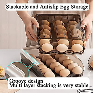 Memeyou Egg Holder for Refrigerator Auto Scrolling Organizer Plastic Stackable Storage Container Reusable Clear Tray Box Basket Bin Lid Drawer Carrier Keeper(1 Layer)
