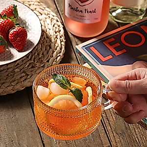 Bandesun Vintage Glass Coffee Mugs Tea Cups, 14 Oz Set of 2 - Stackable Embossed, Glassware with Handle, for Cappuccino, Latte, Cereal, Yogurt, Beverage Hot/Cold, Milk