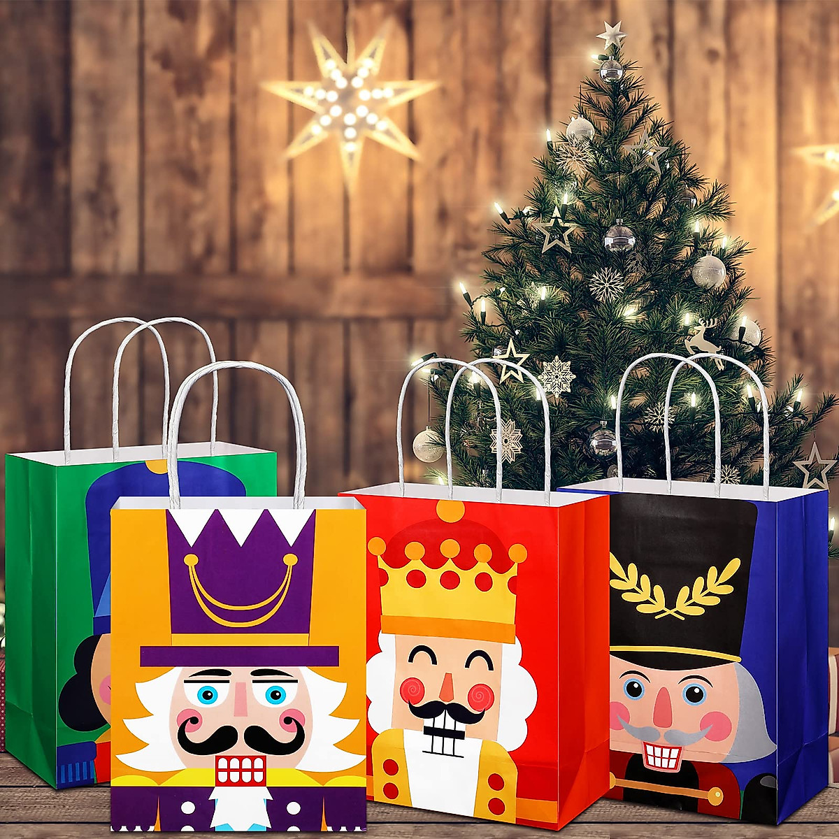 24 Pcs Nutcracker Christmas Gift Bags Bulk Kraft Paper Christmas Goody Bags Medium Size Christmas Holiday Gifts Treat Bags with Handles for Cookie Candy Xmas Party Favors Supplies, 8.3 x 6 x 3.1 Inch