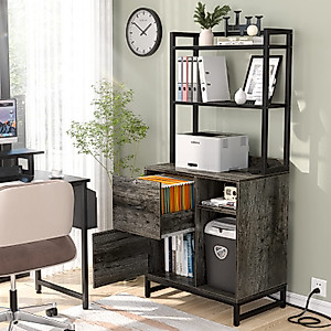 Homieasy Vertical Filing Cabinet with Lock & Charging Station, Large Drawer Wood File Cabinet with Bookshelf, Printer Stand with Open Storage Shelf, fits Letter Size for Home Office, Grey Oak