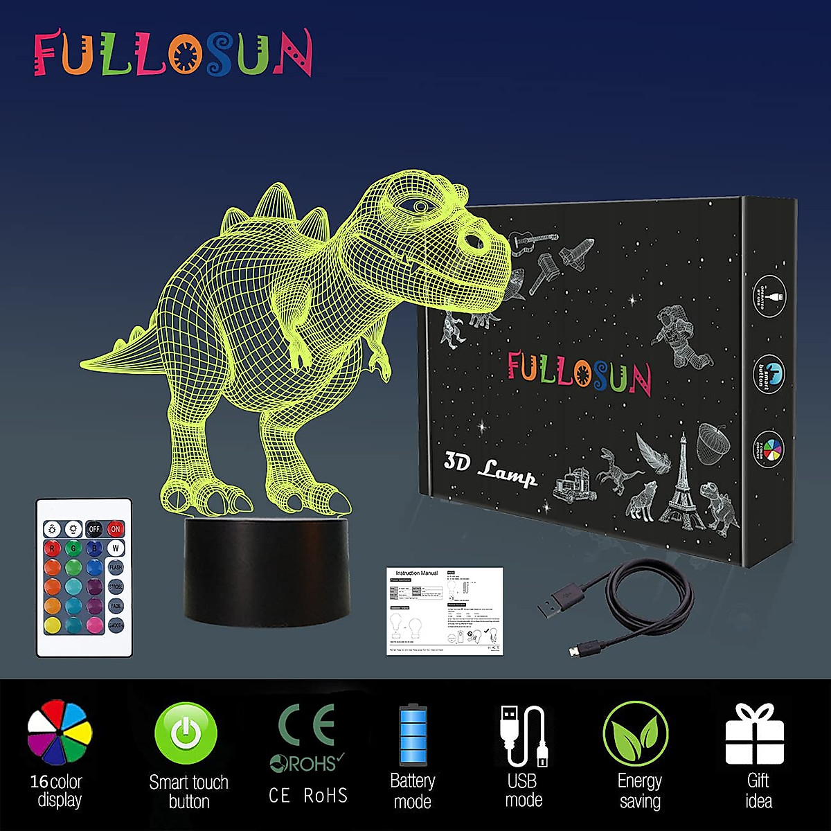 FULLOSUN Night Light for Kids Dinosaur T-rex 3D Night Light Bedside Lamp 16 Colors Changing with Remote Control, Xmas Halloween Birthday Gift for Child Baby Boy
