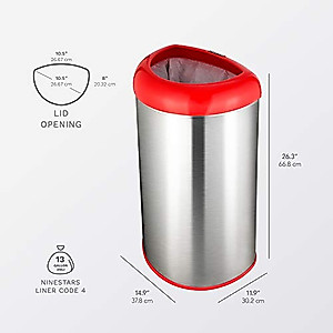 NINESTARS OTT-50-19RD Open Top Office Bathroom Trash Can, 13 Gal 50L, Stainless Steel Base (D Shape, Red Lid)