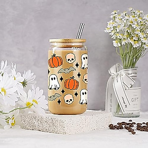 Coolife Halloween Pumpkin Ghost Skull Cups - 16 oz Pumpkins Fall Cup Mug, Can Shaped Tumbler Glass Cups w/Bamboo Lids Straws, Halloween Spooky Cups for Iced Coffee Smoothie, Goth Spooky Gifts for Her