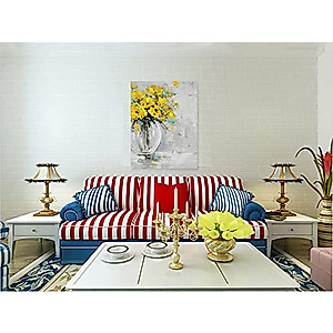 YHSKY ARTS Yellow Sun Flower in Vase Wall Arts - Hand Painted Still Life Canvas Oil Paintings - Modern Botanical Pictures for Living Room Bedroom Bathroom Decor