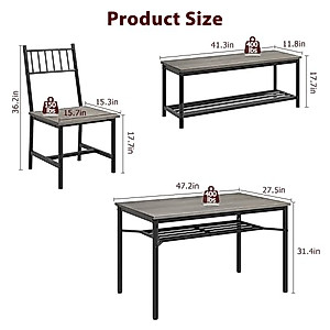 IDEALHOUSE Dining Table Set for 4, Kitchen Table and 2 Chairs with Storage Bench, 47.2" Rectangular Kitchen Table Set with Wine Rack, Dining Room Table Set for Small Space, Apartment, Rustic Gray