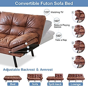 MUUEGM Futon Sofa Bed Couch Memory Foam Sleeper Daybed,Convertible Modern Faux Leather Loveseat for Living Room,Compact Space,Office,Apartment,Dorm,Adjustable Arm&Back Sofabed, Brown-new