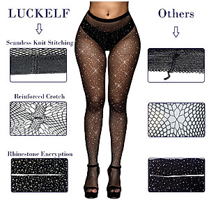 LUCKELF Sexy High Waist Tights Sparkle Rhinestone Fishnets Party Rhinestone Mesh Stockings (Free Size, Black/Rhinestone)