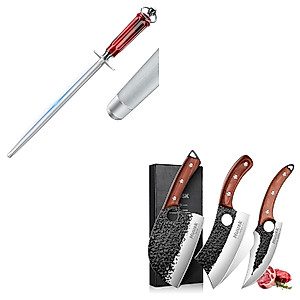 Huusk Butcher Knife Set, Hand Forged Serbian Chef Knife, Viking Boning Knife,Cleaver Knife with Sheaths, 10" High Carbon Steel Knife Steel Sharpener,3200 Grit Sharpening Steel (Round)