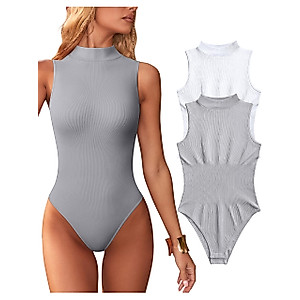 OQQ Women's 2 Piece Sexy Ribbed Sleeveless High Neck Tank Top BodySuit, Grey,white, Small