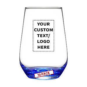DISCOUNT PROMOS 10 Vaso Silicia Stemless Wine Glasses Set, 16 oz. - Personalized Text, Logo - Clear, Orb-Like, Thick base - Blue