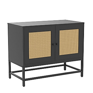 AWQM Buffet Cabinet with Storage, Set of 2, Rattan Buffet Cabinet with 2 Doors, Adjustable Shelves and Sturdy Metal Frame, Modern Accent Sideboard Cabinet for Kitchen, Dining Room, Living Room - Black