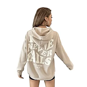 Floerns Women's Letter Graphic Print Long Sleeve Drawstring Hoodie Sweatshirt A Khaki L