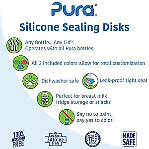 Pura Kiki Bottle Silicone Sealing Disks | Plastic-Free, Medical Grade, Unbreakable, Airtight | Baby Formula Milk, Food Storage, Breastmilk Storage for Travel | 3-Piece (Blue, Orange, Green)