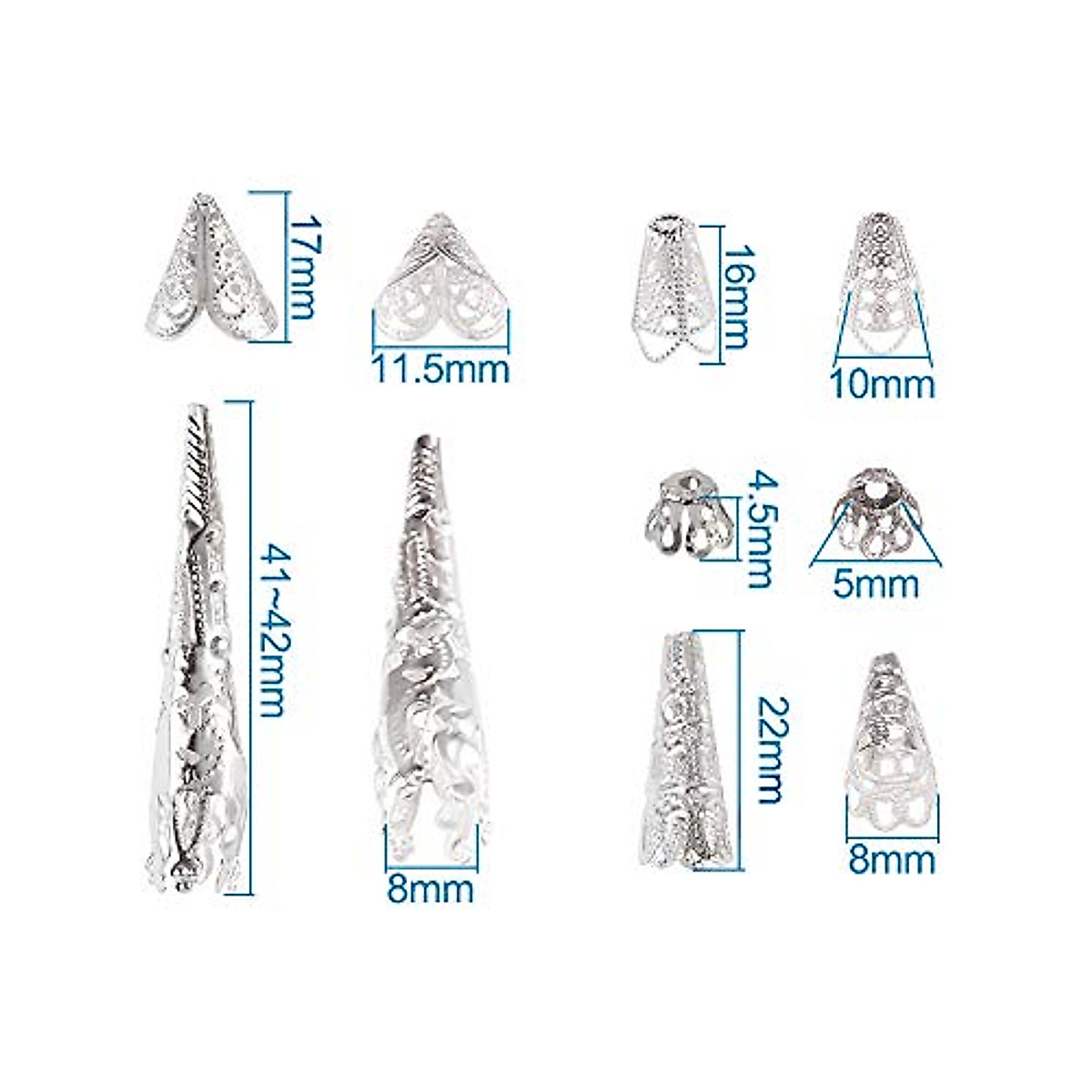 450pcs/Box 5 Styles Tibetan Iron Long Filigree Flower Spacer Bead Caps Metal Cones Bead End Caps Mixed Colors for Jewelry Making Hole: 1-2mm