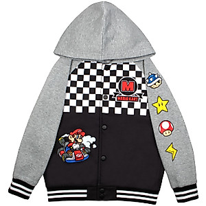 Nintendo Super Mario Graphic Boys Hooded Fleece Varsity Jacket for Kids and Toddlers (Size 14/16, Grey)