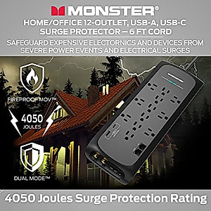 Monster Black Heavy Duty Surge Protector Power Strip 6 ft Cord with 12 120V-Outlet Extension, 2 Ethernet Switch Ports, 4050J Rating, 1 USB-A, and 1 USB-C Charging Ports – Ideal for Computers & Offices