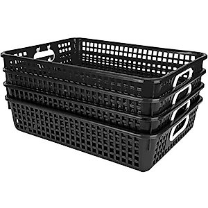 Really Good Stuff - 666019 Plastic Desktop Paper Storage Baskets for Classroom or Home Use – 14”x10” Plastic Mesh Baskets Keep Papers Crease-Free and Secure – Black Baskets with White Handles (Set of 4)