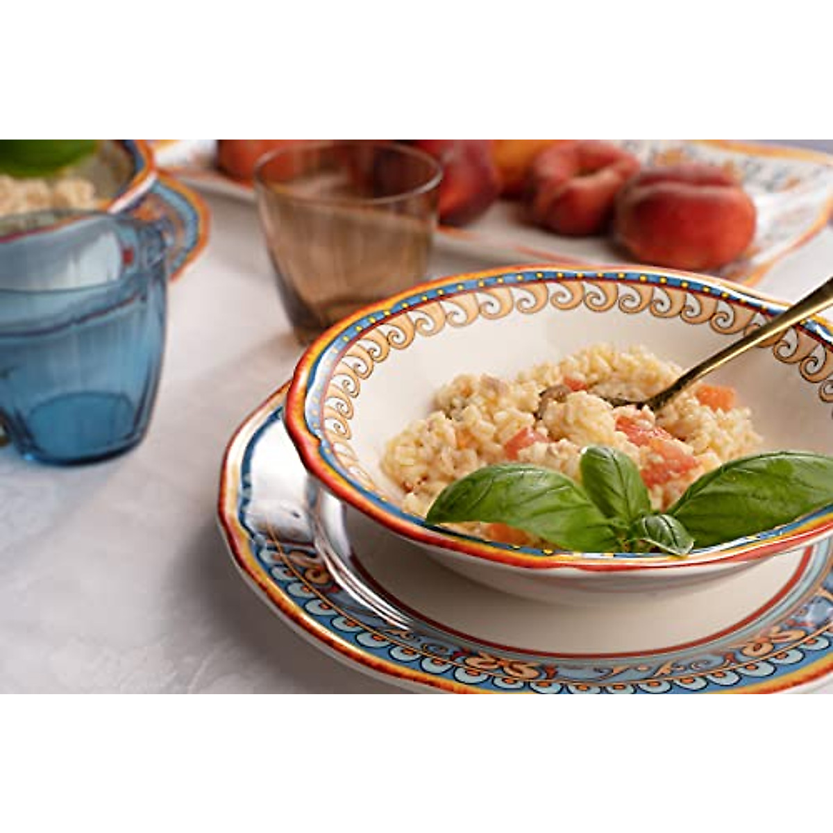 Euro Ceramica Duomo Collection Pasta Bowl Set of 4, Italian Floral Design, Multicolor, gold and cream, 34 fluid ounces