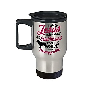 Dog Lover, Dog Owner Travel Coffee Mug, Funny Gift for Dog Lover, Dog Owner - With Jesus In Her Heart And Saint Bernard By Her Side Pet, Dog Mom, Pup