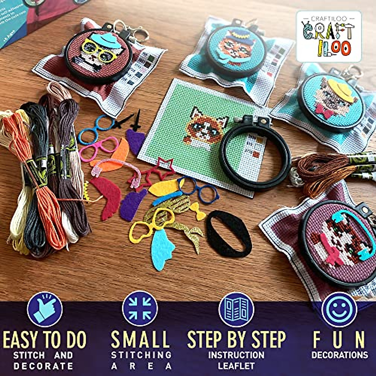 Cats 5 Stamped Cross Stitch Kits for Kids.Needlepoint Kits for Beginners. Embroidery Kit for Kids. Crossstitch Kit for Beginners and Girls (Cats)