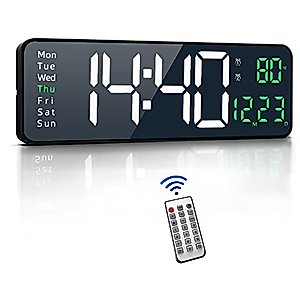 SHLNL Digital Wall Clock,16.2 Inch Large Digital Wall Clock, Large Display with Remote Control,Automatic Brightness Digital Alarm Clock with Indoor Temperature,Date,Week(Green)…