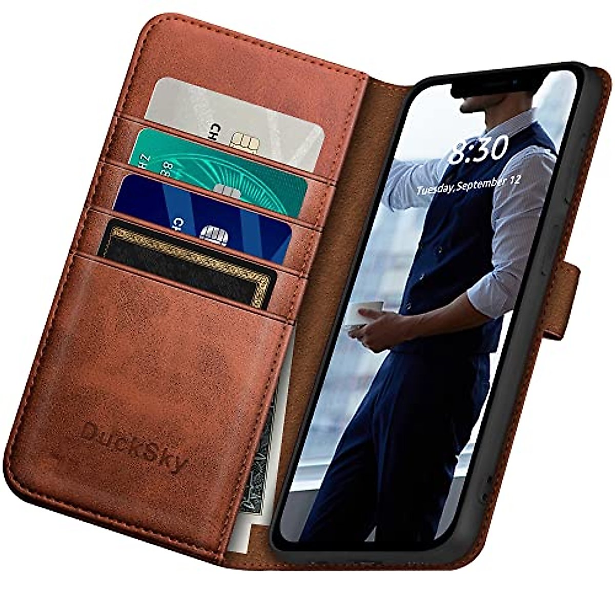 DuckSky for iPhone 13 6.1" Genuine Leather Wallet case 【RFID Blocking】【4 Credit Card Holder】【Real Leather】 Flip Folio Book Phone case Protective Cover Women Men for Apple 13 case Light Brown