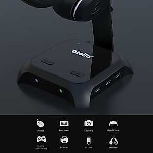 atolla Multifunctional Headphone Stand, USB Hub with Headphone Stand, Powered USB Hub with 6 USB Ports, 3.5mm AUX Ports with On/Off Switches, and 12V/2.5A Power Adapter