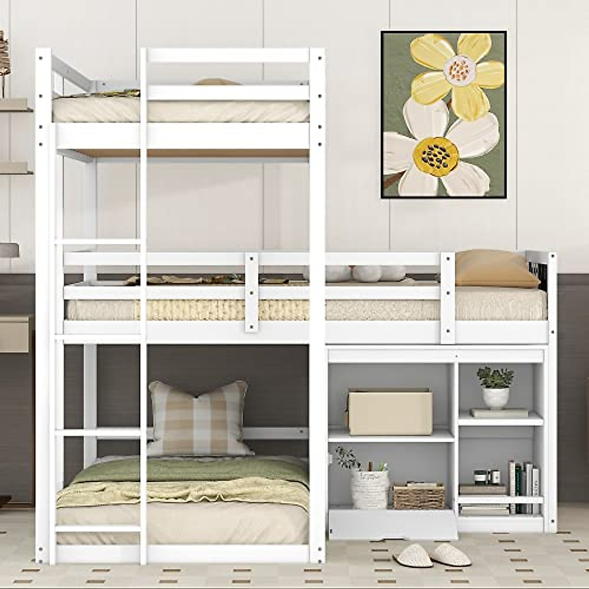 WOXYX L-Shaped Wood Triple Twin Size Bunk Bed with Storage Cabinet and Blackboard, Ladder,White