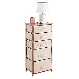 mDesign Storage Dresser Furniture Unit - Tall Standing Organizer Tower for Bedroom, Office, Living Room, and Closet - 5 Drawer Removable Fabric Bins - Light Pink/Rose Gold