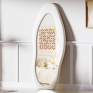 VooBang 63"x24" Irregular Mirror Full Length, Flannel Cloud Floor Mirror with Stand, Full Body Freely Standing Mirror for Bedroom, Living Room, Hanging or Against The Wall, White