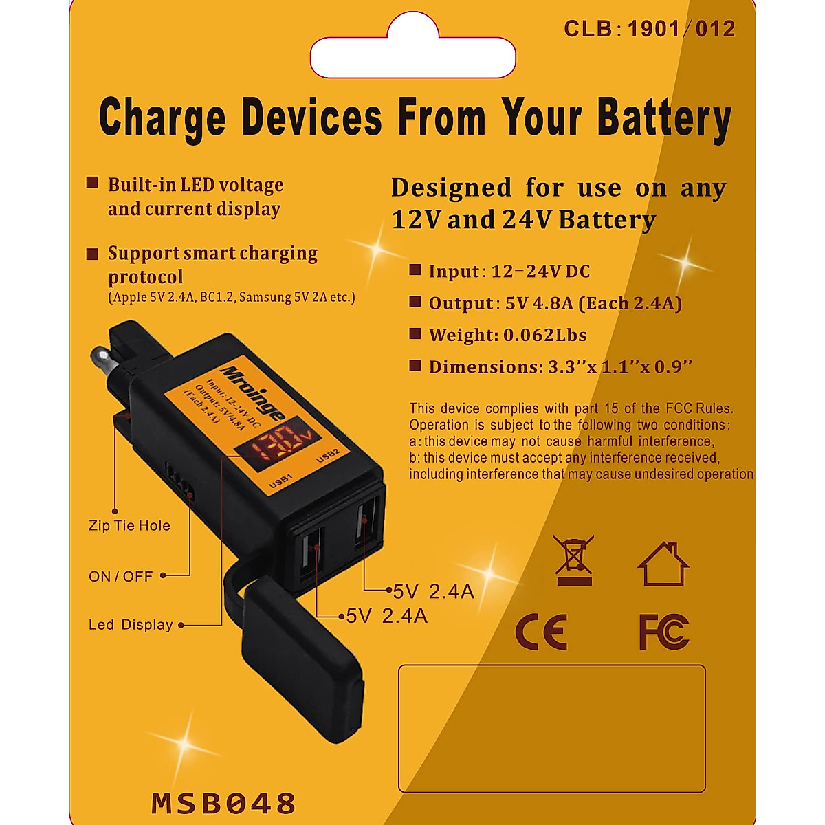 Motorcycle USB Charger, Mroinge 4.8A SAE to USB Adapter with Voltmeter & Ammeter, Quick Disconnect Plug with Dual USB Charger Perfect for Smart Device Charging, with ON/OFF Switch & Waterproof Cover