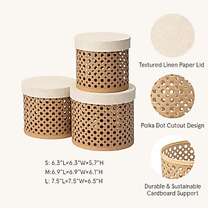 LA JOLIE MUSE Decorative Round Storage Boxes Set of 3, Polka Dot Cutout Baskets with Lids, Desktop Storage Organizer, Gift Baskets with Linen Paper Lids, Brown Baskets, Beige Lids