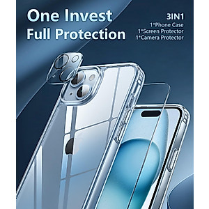 FNTCASE for iPhone 15 Phone Case: Clear Slim Shockproof Cell Phone Protective Cover | Anti Yellowing Scratch Proof Drop Proof Tough 5G Mobile Phone Protection Bumper 6.1 inch (Clear)