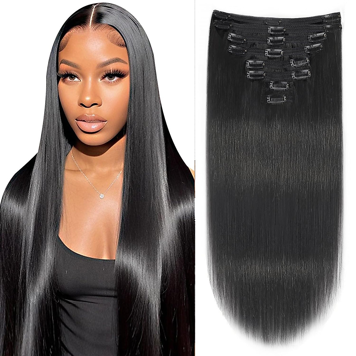 Mihugass Remy Hair Extensions Full and Thick 14 Inch Brazilian Silky Straight Clip in Human Hair for Black Women Natural Black 8pcs with 18Clips Per Set 120 Gram