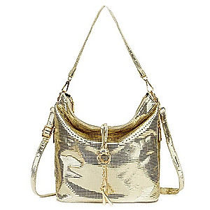 Zzfab Small All Shiny Bling Hobo with Shoulder Strap Small Crossbody bling purse Gold