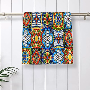 Mexican Talavera Ceramic Tile Pattern Ethnic Folk Premium Extra Soft Bath Hand Towels Washcloth for Home/Beach/Yoga 27.5 X 16 Inches