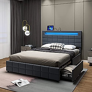 Giantex Queen Bed Frame with LED Lights and 4 Drawers, Upholstered Platform Bed Frame with USB Ports, Tufted Adjustable Headboard Design, Solid Wooden Slat Support, No Box Spring Needed